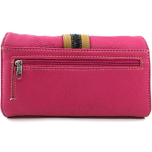 Justin West Embroidery Floral Rose Stud Buckle Wristlet Trifold Wallet Attachable Long Strap (Hot Pink)