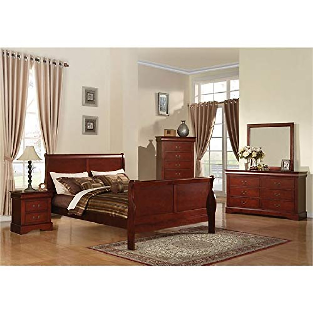 BOWERY HILL Traditional Style Queen Sleigh Bed in Cherry | KD Headboard, Footboard