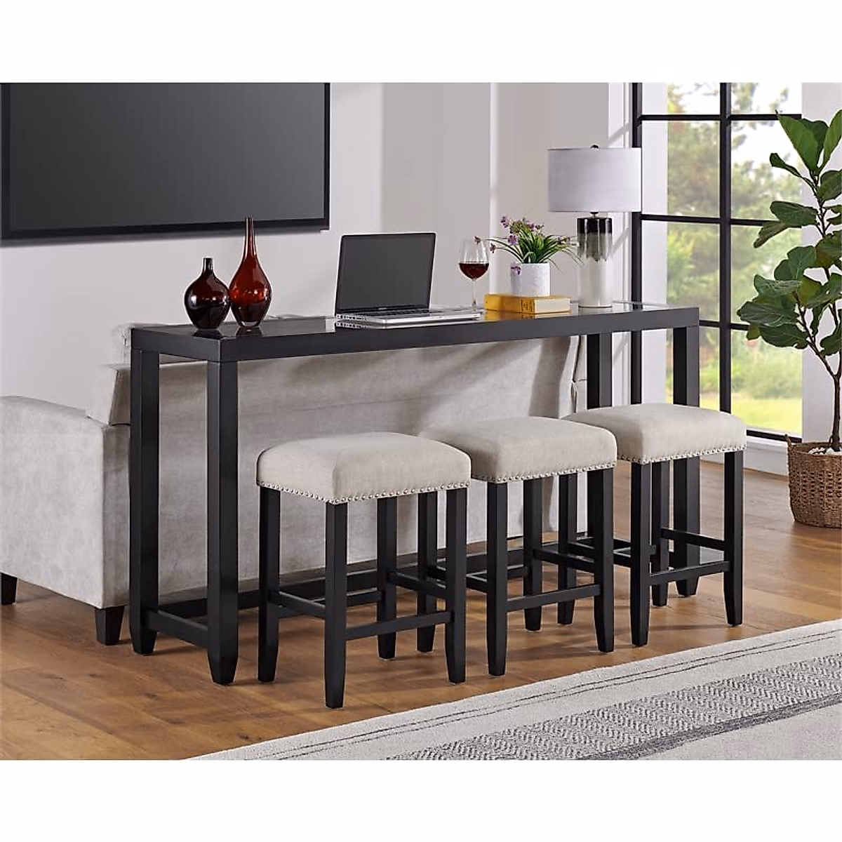 Martin Svensson Home Cordero 72" Glass Top Black Console Bar Table and 3 Stools Set