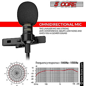 5 CORE Premium Lavalier Microphone Lapel Clip-on Mini Wired Omnidirectional Condenser Mic for Podcasting, Recording, Vlogging, Android, Smartphone, DSLR, Camera, Computer, Laptop