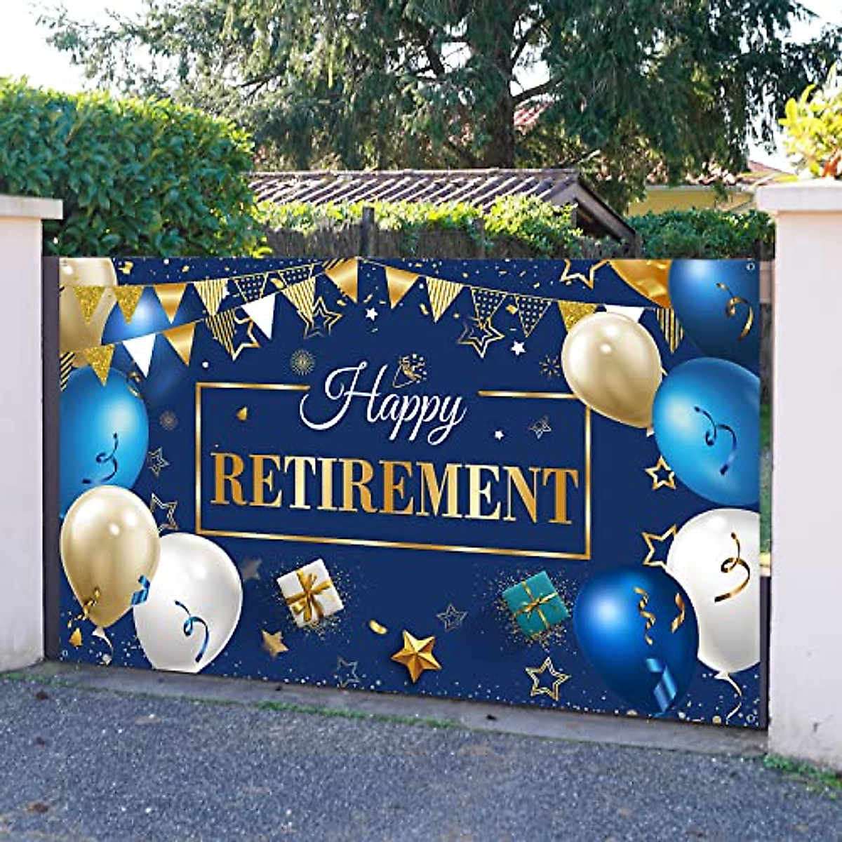 Blulu Happy Retirement Party Decorations, Extra Large Fabric Happy Retirement Sign Banner Photo Booth Backdrop Background with Rope for Retirement Party Favor (Blue and Gold,72.8 x 43.3 inches)