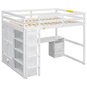Full Size Loft Bed with Wardrobe and Desk, Wood Loft Bed Frame with Storage Shelves and Drawers for Adults Teens and Kids, White