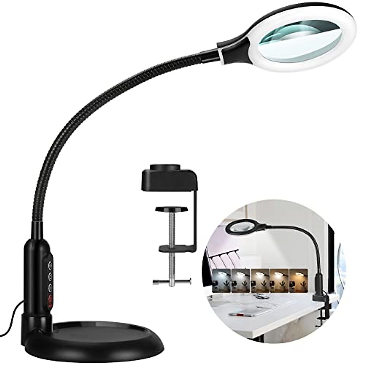 TOMSOO 5X Magnifying Glass with Light and Clamp, 5 Color Modes Stepless Dimmable Lighted Magnifier with Stand, Flexible Gooseneck LED Desk Lamp Hands Free for Craft Reading Painting Hobby Close Work
