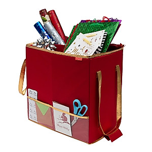 Simplify Gift Bag Organizer | Dimensions: 10.5"x 16"x 16" | Stores Gift Bags | Ribbon | Tissue Paper | Gift Cards | Large Reinforced Handles | Red | Holiday Storage | Collapsible