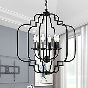 JULL 6 Lights Black Chandelier, Farmhouse Rustic Wrought Iron Modern Chandeliers Lighting Fixture,Dining Table Pendant Light for Foyer,Kitchen Island,Dining Living Room.Adjustable Height,W23”*H26”