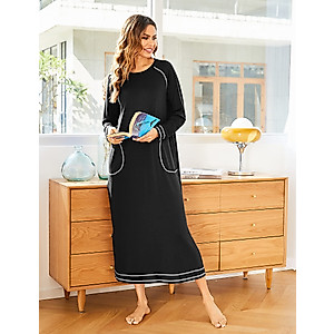 Ekouaer Long Nightgown for Women Full Length Night Shirt Sleepwear with Pocket Loungewear Dress A-black