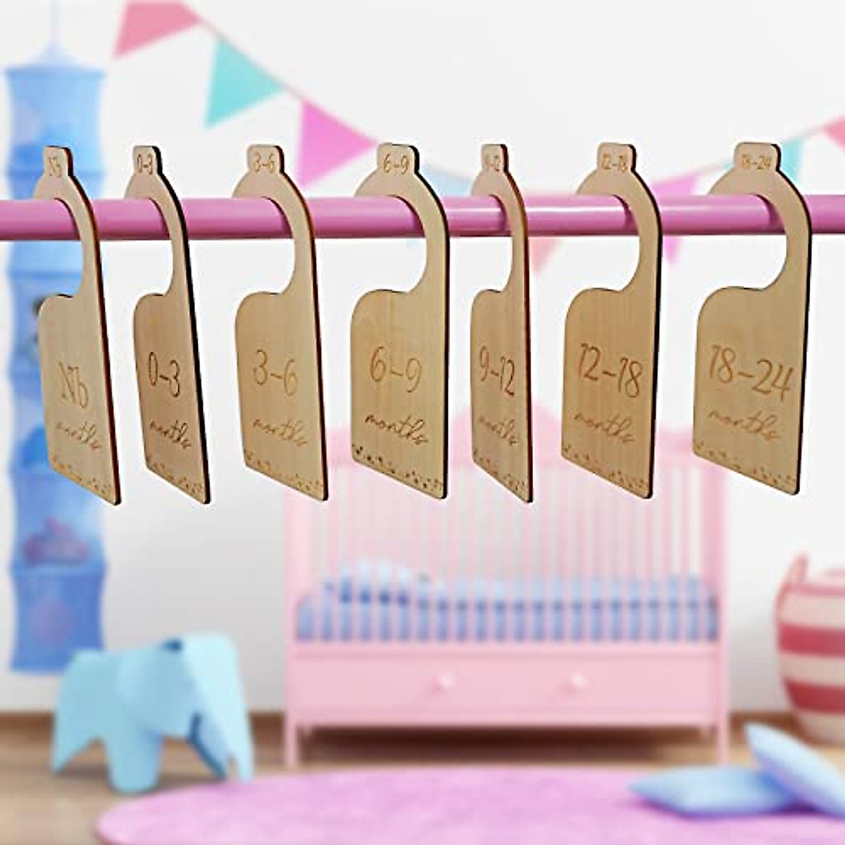 Esweny 7PCS Baby Closet Size Dividers Wooden Baby Closet Organizers from Newborn to 24 Months Dividers to Organize Nursery Closet