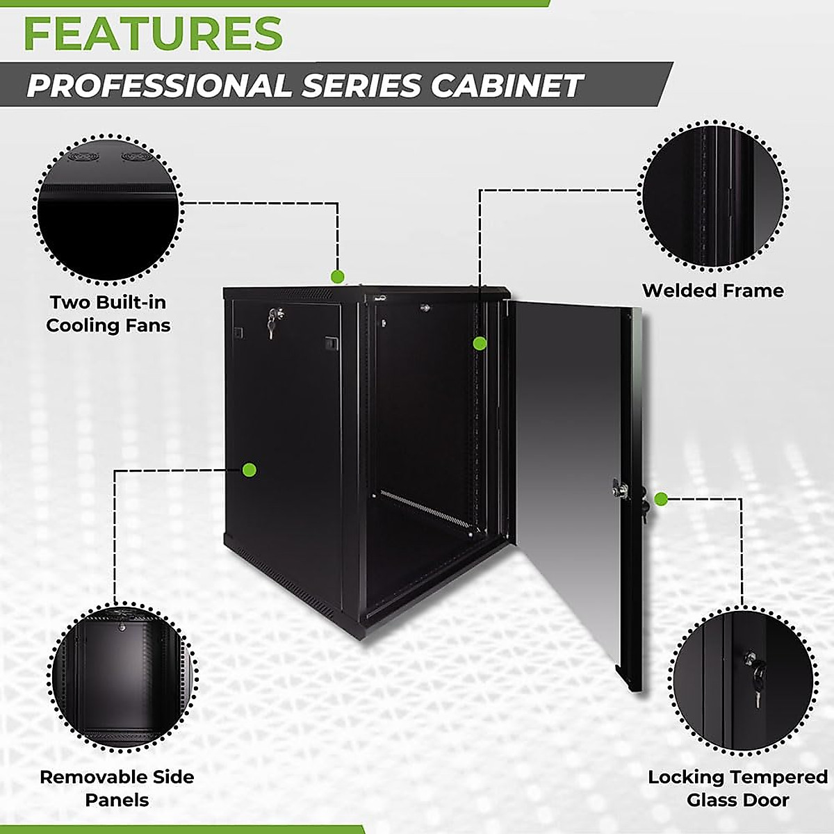 NavePoint 15U Server Rack Enclosure - 23.6” Deep, 15U Wall Mount Network Cabinet with Locking Glass Door for 19” IT Equipment, 15U Network Rack with 2 Fans, Removable Side Panels, Black
