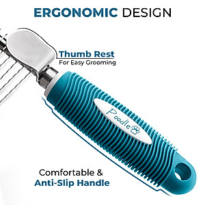 Poodle Pet Dematting Fur Rake Comb Brush Tool - Dog and Cat Comb with Long 2.5 Inches Steel Safety Blades for Detangling Matted or Knotted Undercoat Hair (Blue, Dematting Comb)