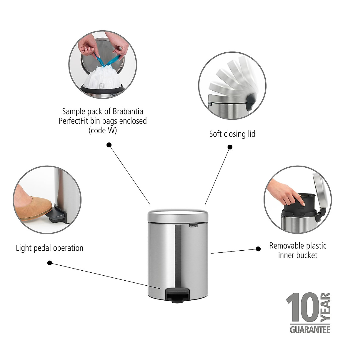 Brabantia Bathroom Pedal Bin 5L, 1.3 Gal, Matt Steel