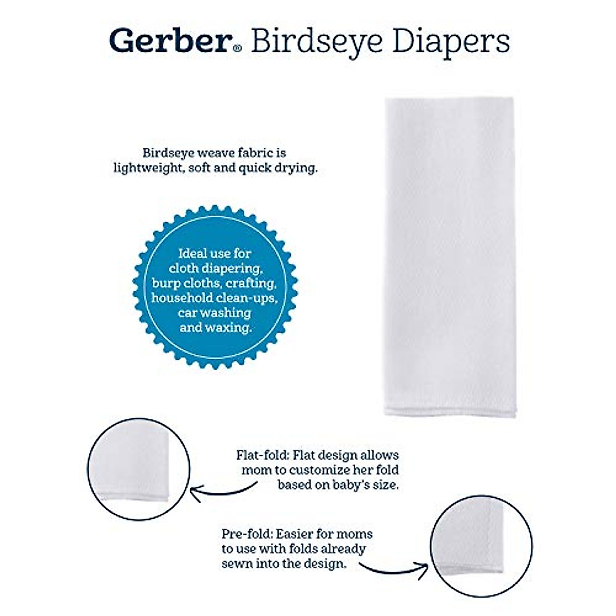 GERBER 10 Count Prefold Birdseye Diaper with Pad, White