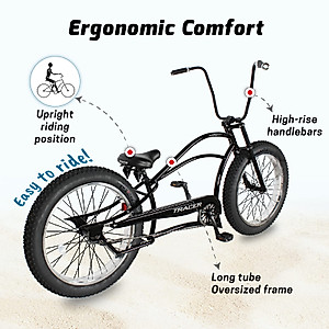 Tracer Siena Stretch Beach Cruiser Bike for Adults,Chopper Style with 1/3/7 Speed, Alloy Fat Rims and Fat Tires. (1 Speed GT, Black)