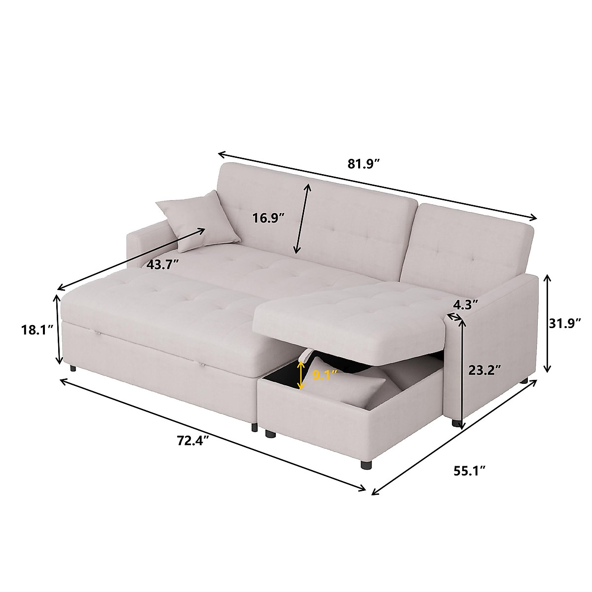 JACH Reversible Sectional Sleeper Sofa, 82'' Wide Pull-Out Sofa Bed with Storage, L-Shape Chaise, 3 in 1 Design Convertible Loveseat for Living Room Small Apartment (Light Gray) (7047)