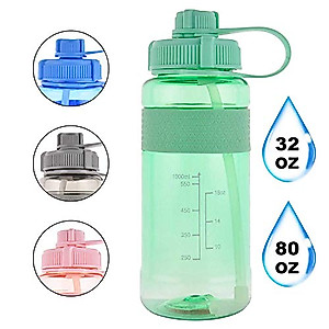 GTI 32 oz Water Bottle with Straw, BPA Free Leak Proof Wide Mouth Portable Sports Water Jugs for Fitness And Outdoor Enthusiasts, Plastic Drink Water Bottle with Scale Strap - Green
