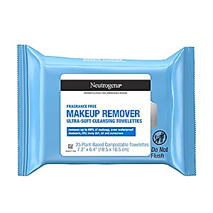Neutrogena Fragrance-Free Makeup Remover Face Wipes, Daily Facial Cleansing Towelettes for Waterproof Makeup, Dirt & Oil, Gentle, Alcohol- & Fragrance Free, 100% Plant-Based Fibers, 25 ct