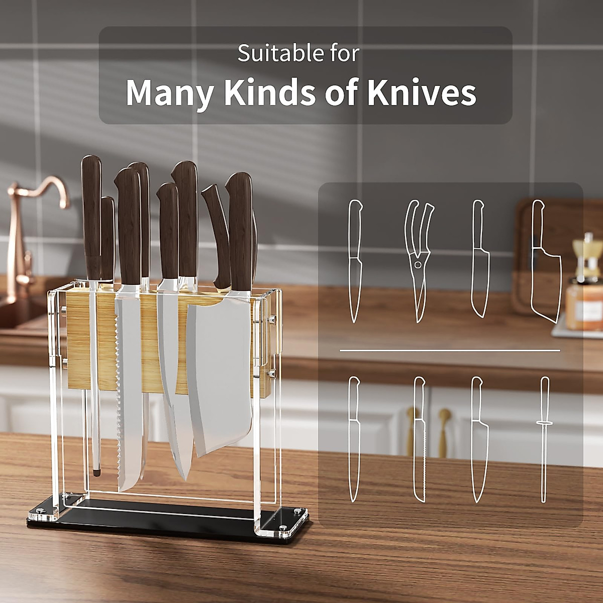 NPPLUS Magnetic Knife Block Holder: Double-Sided Strong Magnets for Kitchen Counter Organizer Rack - Wooden Knife Stand Storage for Home Cooks Chefs