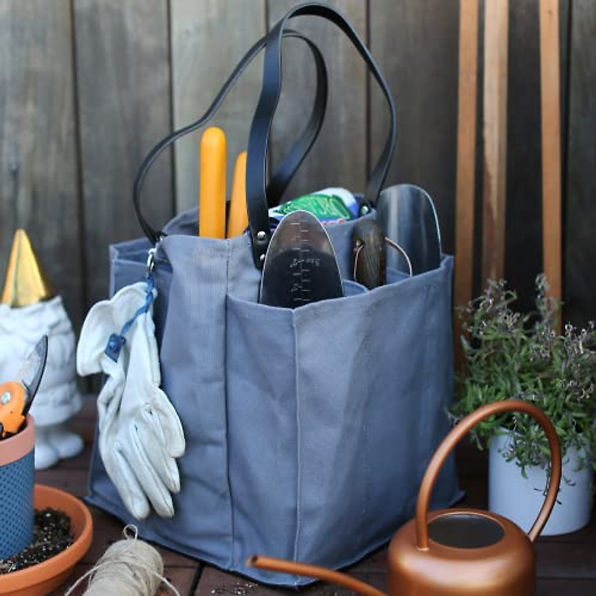 CapaBunga Farmer's Market Tote Shopping Bags with Handles - 7 Pocket Large Utility Tote Bag - Heavy Duty Canvas Utility Bag with Vegan Leather Base - Reusable Tote Bag - Grey Grocery Bag