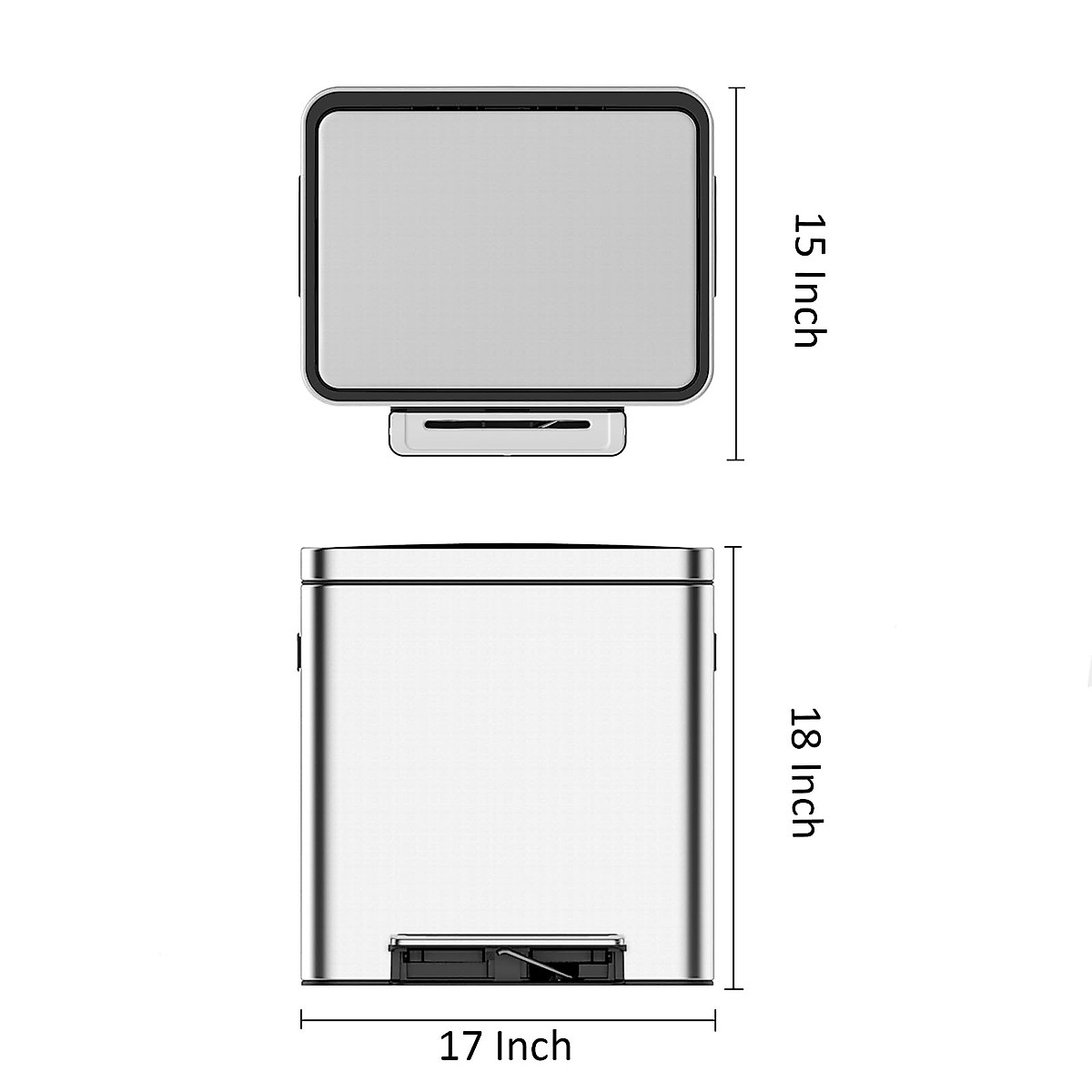 GarveeHome 30L/8 Gallon Dual Trash Can, Rectangular Waste Basket with Metal Lid & Step Foot Pedal, Double Compartment Classified Garbage Can, Stainless Steel Trash Can with Removable Inner Bucket