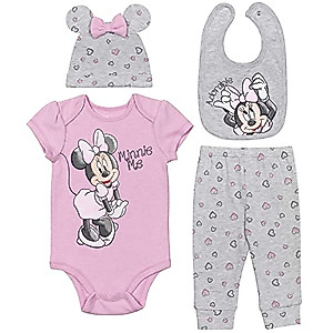 Disney Minnie Mouse Newborn Baby Girls Layette Set: Bodysuit Pant Hat Bib Grey/Pink 0-3 Months