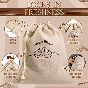 Simply H&K Linen Bread Bags [Pack of 3] with Inner Lining - Keeps Homemade Bread Fresh & Secure - Perfect for Sourdough & Gift Giving - Set of Reusable Bread Bags