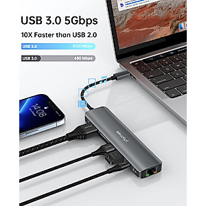 Teleadapt USB C Hub Ethernet, 7 in 1 USB Hub Multiport Adapter for Laptop, HDMI 4K, 1Gbps Ethernet, 100W Power Delivery, USB 3.0, SD/TF Card Reader, Hub USB Adapter for MacBook, iPad Pro, XPS