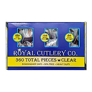 ROYAL CUTLERY CO. Disposable Cutlery set, Color: Clear, 360 Pieces, Heavy Duty Plastic Utensil Set, 180 Forks, 120 Spoons, 60 Knives.