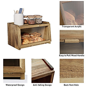 Acacia Wood Bread Box for Kitchen Countertop, Large Wooden Bread Storage Container, with Clear Window Back Air Vent and Anti-falling Design, Bread Boxes for Keeping Food Fresh in Home and Kitchen