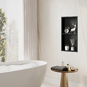 BWE Black Bathroom Wall Niche,12" X 24" X 4" Stainless Steel Shower Niche,Rimless Recessed Shower Shelf for Bathroom Storage,Double Shelves Wall Niche,No Tile Needed