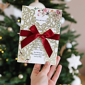 KALOPEZY 50Pcs Wedding Invitation,Gold invitations,Gold Powder Floral Laser Cut with Blank Inner Sheet, Envelopes and Ribbons for Party Wedding Engagement Bridal Bridal Shower Invite