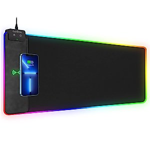 Wireless Charging RGB Gaming Mouse Pad, 31.5"x15.7" Large Desk Mat, Desk Pad with Wireless Charger, Non-Slip Rubber Base, Waterproof, Computer Keyboard Mat for Gamer, Office, Home, Black