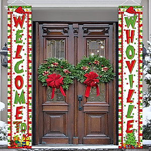 Whoville Christmas Decorations Christmas Porch Sign- Welcome To Whoville Christmas Door Decorations Hanging Banner Backdrop Outdoor Grinchmas Xmas Eve Holiday Party Supplies 2Pcs