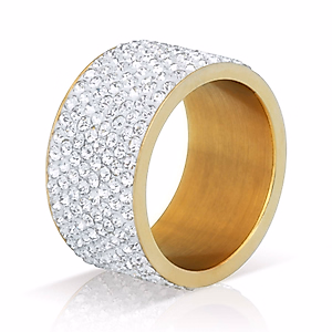 BLINGMC 12MM Wide 8 Rows Iced Out Rings Stainless Steel Rings Hip Hop Jewelry For Men Women (Gold, 12)