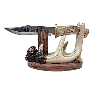 BestGiftEver Carved Handle Decorative Deer Buck Blade Knife with Faux Antler Display Stand Hunting Cabin Home decoration