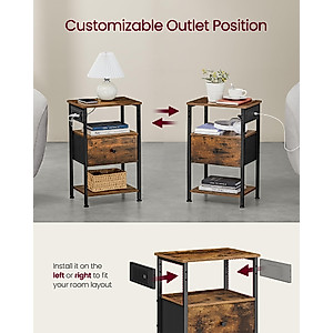 VASAGLE Nightstand with Charging Station, Night Stand, Side Table with 1 Drawer and 2 Open Shelves, Fabric Drawers with MDF Front, End Table, Rustic Brown and Classic Black ULGS026K01
