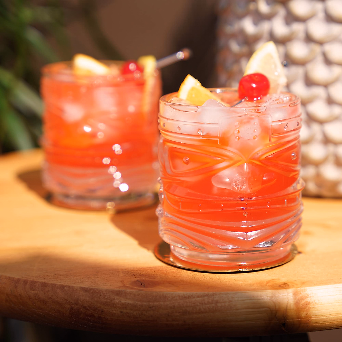 Viski Pacific Tiki Glasses Stackable Lowball DOF Tumblers, Tropical Cocktail and Bar Gifts for Rum and Whiskey, 12 Oz, Set of 2