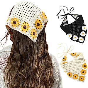 HAIMEIKANG Floral Crochet Hair Bandanas Headscarf 2 PCS Women Hair Scarf Daisy Headband Vintage Head Kerchief for Girls(Yellow+Black)