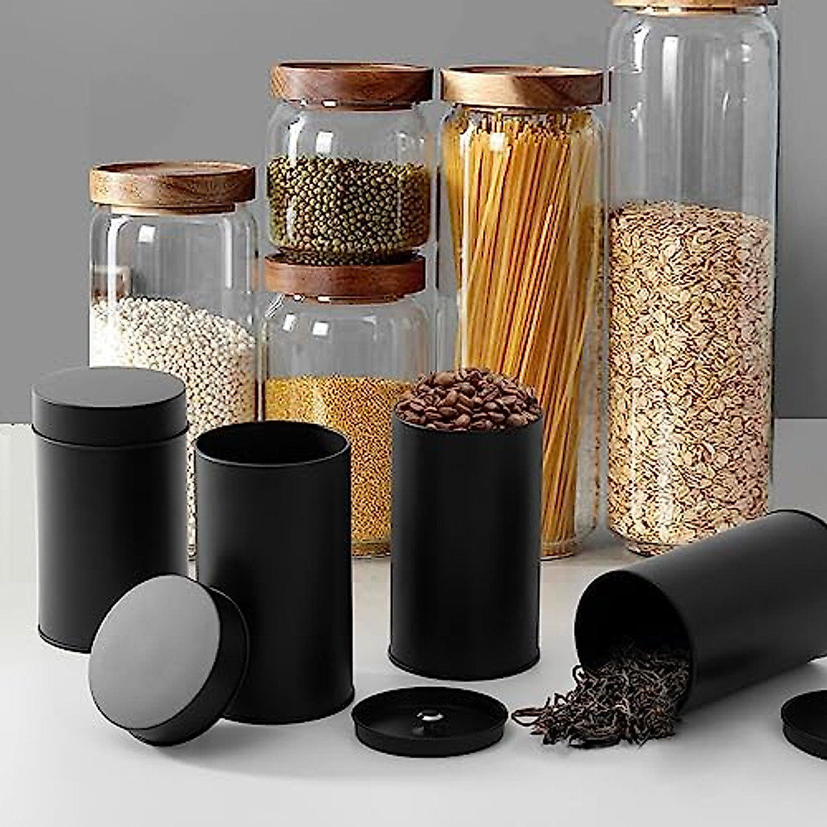 10 packs Tea Tin Canister Tea Tins for Loose Tea Metal Coffee container for ground Coffee Tea Canister 16 oz Round Tin Can with Airtight Double Lids Canister for Kitchen Storage（Black）