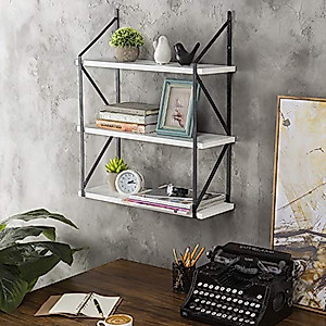 MyGift 3-Tier Farmhouse White Wood Wall Floating Shelves - 23 Inch Wall-Mounted Organization Wooden Shelf Rack with Black Metal Brackets