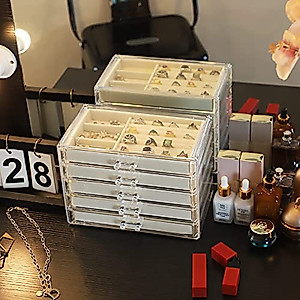 Cq acrylic Jewelry Organizer with 5 Drawers Clear Acrylic Jewelry Box Gift for Women Mens kids and Little Girl Stackable Velvet Earring Display Holder for Earrings Ring Bracelet Necklace Holder,Beige