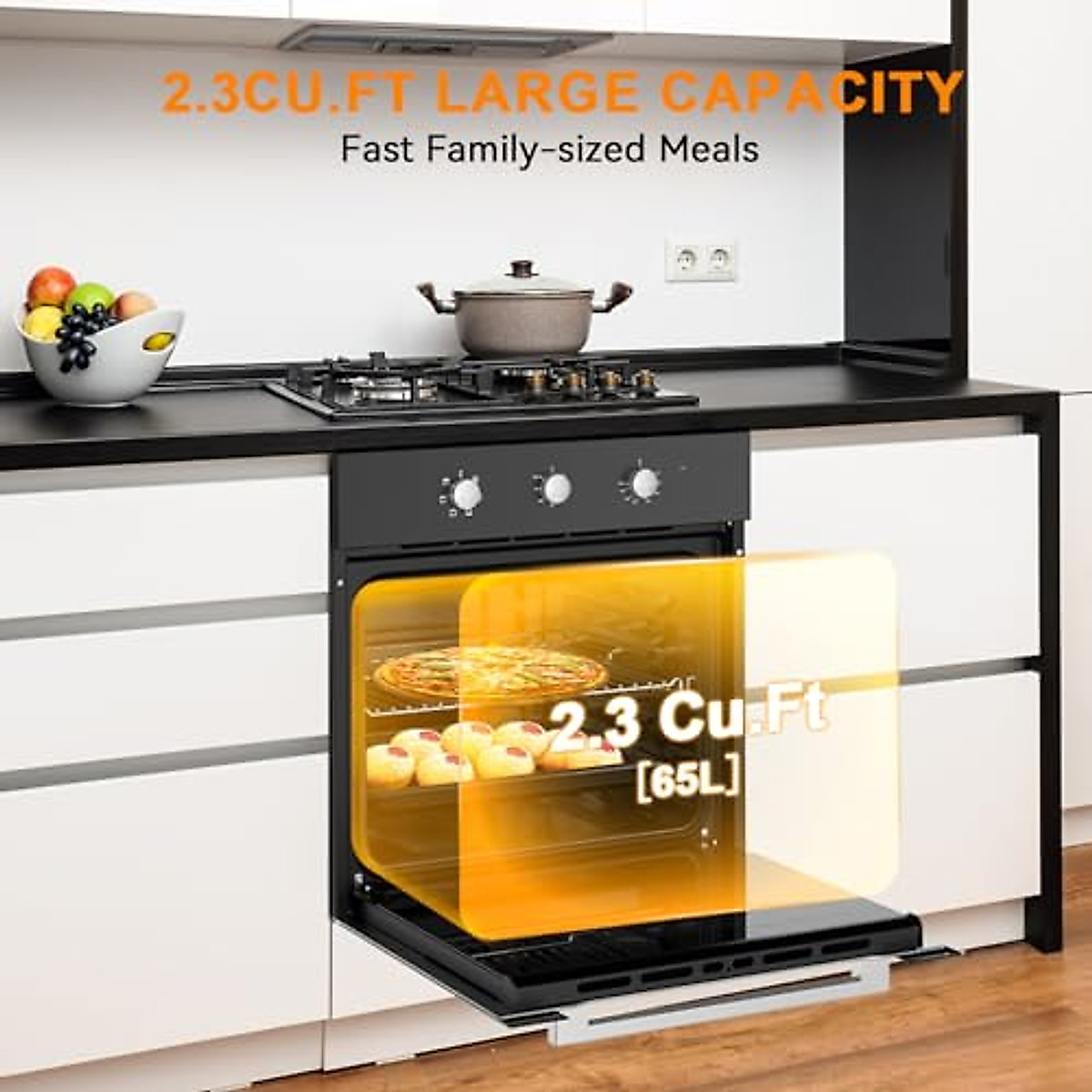 GASLAND 24 Inch Single Wall Oven, 24'' Built-in Electric Ovens, 240V 3240W 2.3Cu.ft 5 Cooking Functions of Grill Conventional Timer, CSA Approved, Black Glass