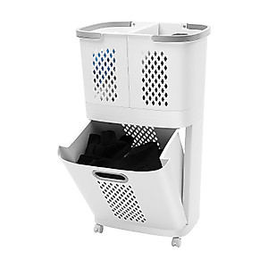 LINISHOP 2-Tier Plastic Laundry Basket Movable Household Bathroom Clothes Storage Basket Cart With 4 Wheels Floor-Standing Hand-Held Laundry Basket White, 17.3 * 12.2 * 29.3in