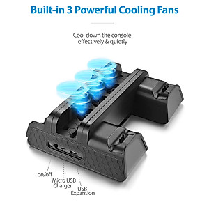 URWOOW Vertical Stand for PS4/PS4 Slim/PS4 Pro - Cooling Fan with PS4 Charger Controller Charging Station with Game Storage (Black)