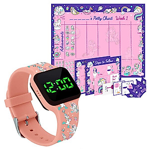 ATHENA FUTURES Potty Training Timer Watch with Flashing Lights and Music Tones -Unicorn Pattern and Potty Training Chart for Toddlers - Unicorn Design - Sticker Chart, 4 Week Reward Chart