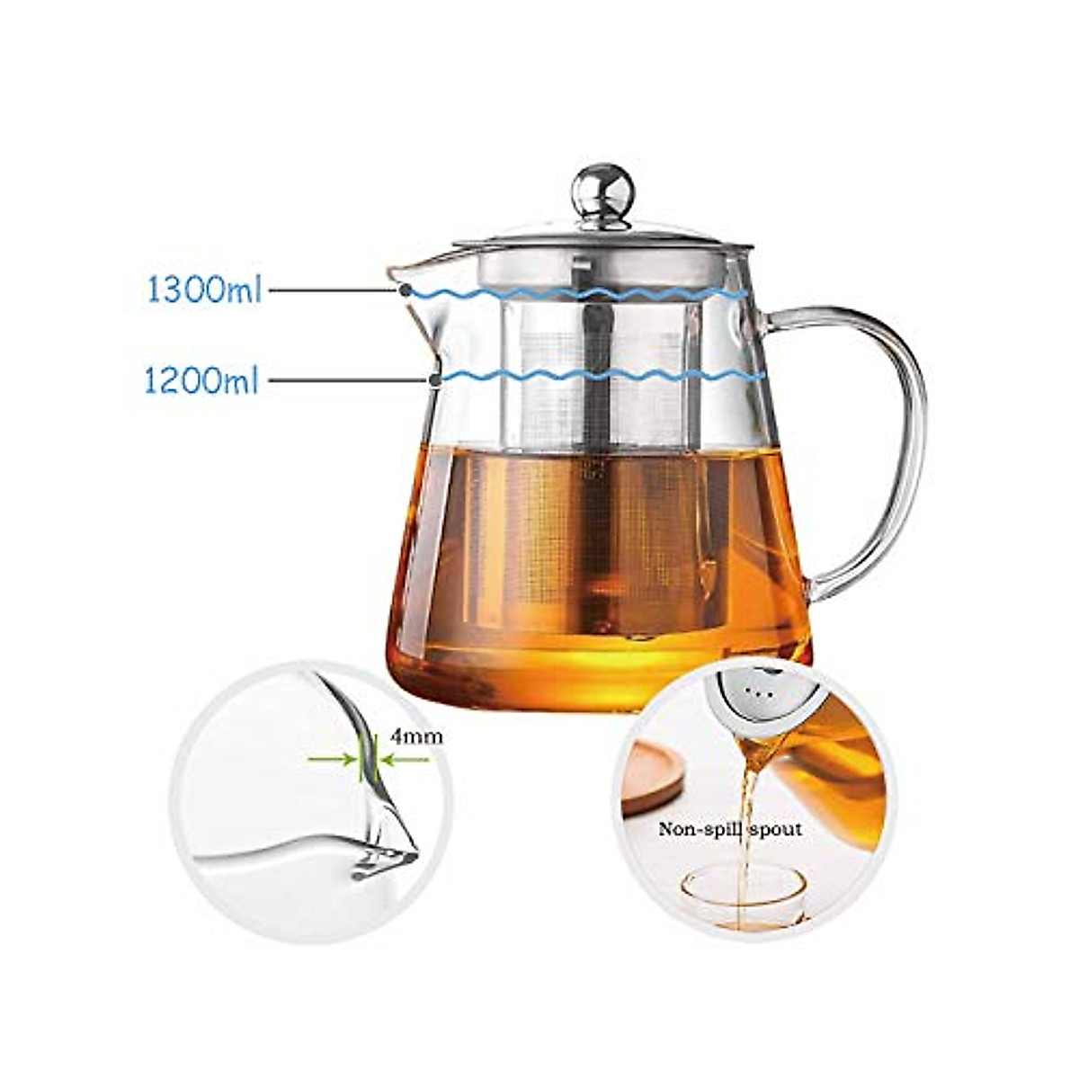 Glass Teapot with Infuser Tea Pot 32oz/43oz Tea Kettle Stovetop Safe Blooming and Loose Leaf Tea Maker Set (43oz/ 1300ml)