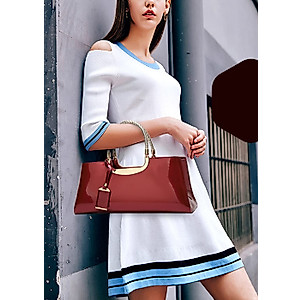 YAQUNICER Top-handle Handbags Purse Tote for Women Patent PU Satchel Gloss Wedding Shoulder Crossbody Bag-Wine
