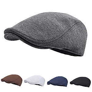 FEINION Men Cotton Newsboy Cap Soft Fit Cabbie Hat (Dark Grey)