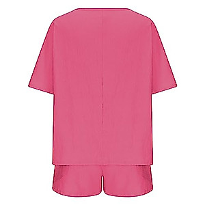 HGps8w Two Piece Outfits for Women Casual Loose Short Sleeve V Neck Pullover Top and Shorts Lounge Pajama Set with Pockets