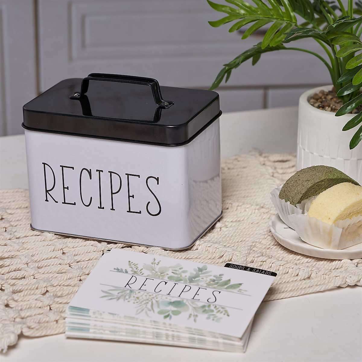 GENMOUS & CO. Recipe Box with Cards and Dividers, Recipe Cards and Box Set, Farmhouse Recipe Holder, Tin Recipe Box with 25 4x6 Recipe Cards & 7 Recipe Card Dividers, Bridal Shower Recipe Box Gift