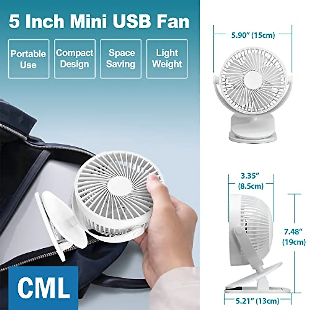 CML USB Desk Clip-On Fan, 5 Inch Mini Portable Cooling Table Fan with Sturdy Clamp, Quiet Personal Small Fan with 4 Speeds Brushless Motor, for Home, Office, Desktop, Camping, Travel, Car, White