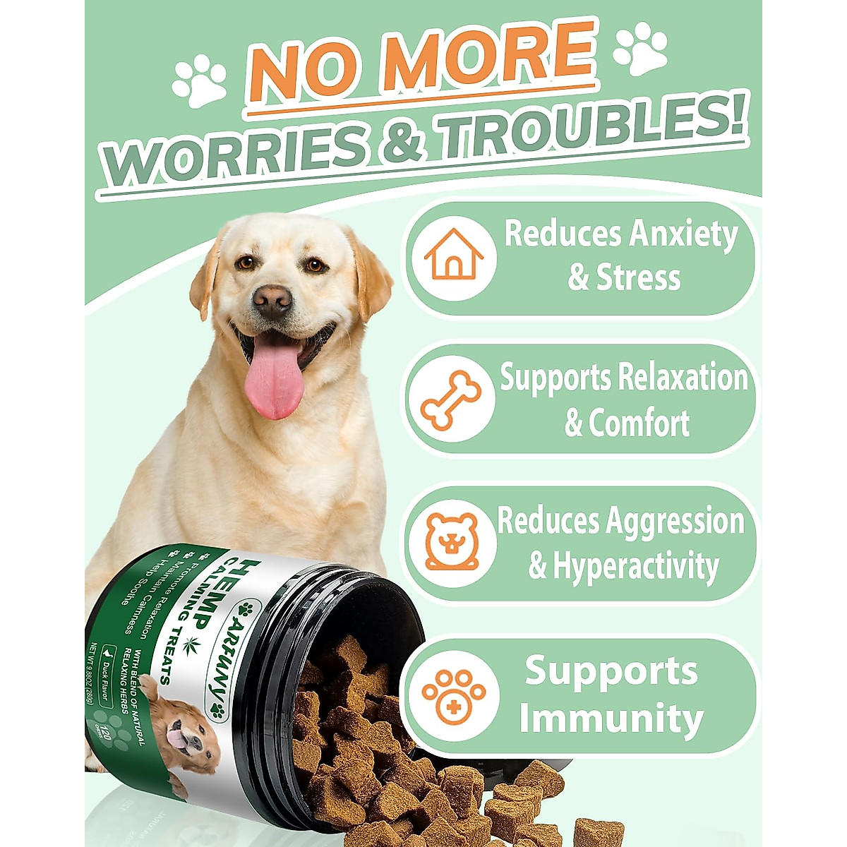 Hemp Calming Chews for Dogs Anxiety, Duck Flavored Calming Chews for Dogs 120 Chews Dog Calming Treats Natural Ingredients Calming Treats for Dogs Aid for Separation Barking Thunderstorms Travelling